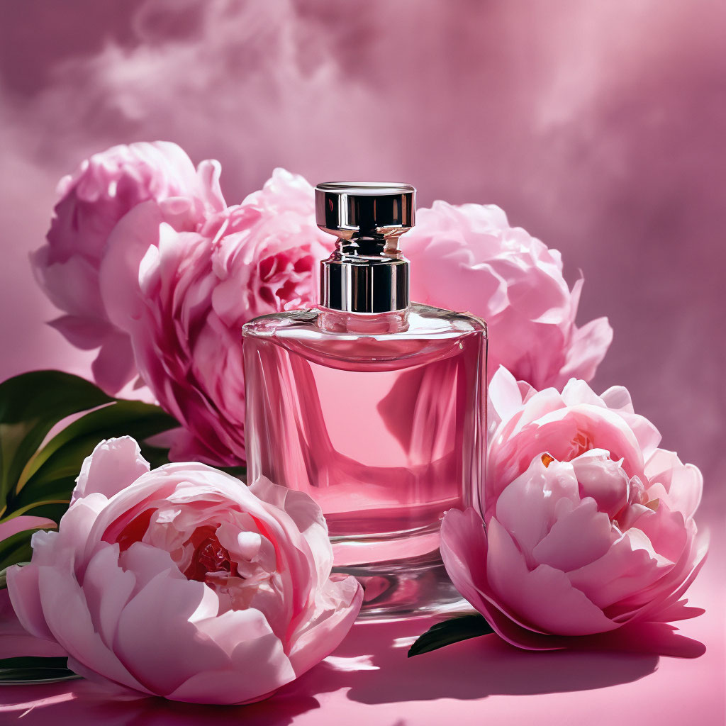 "Pink perfume on a pink background with peony flowers" — image created ...