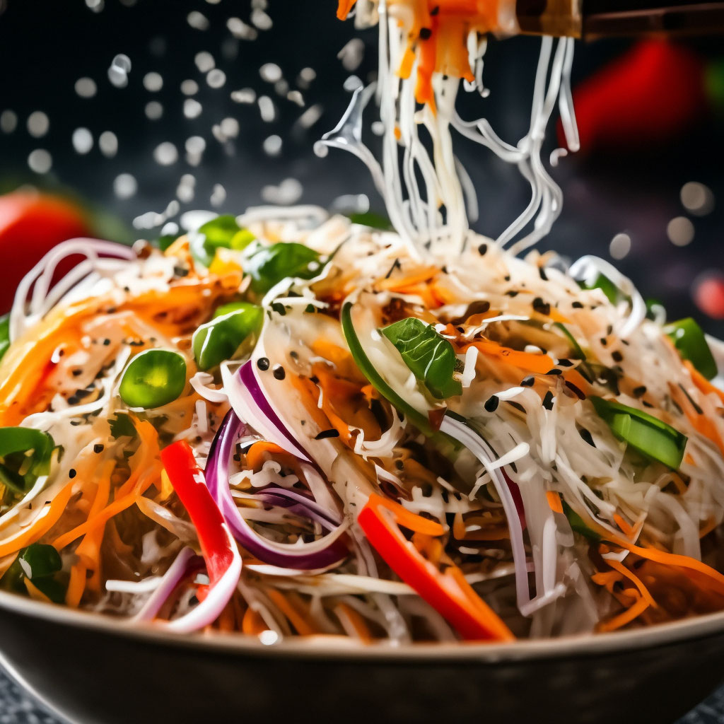"Funchosa salad drizzled with sauce" — image created in Shedevrum