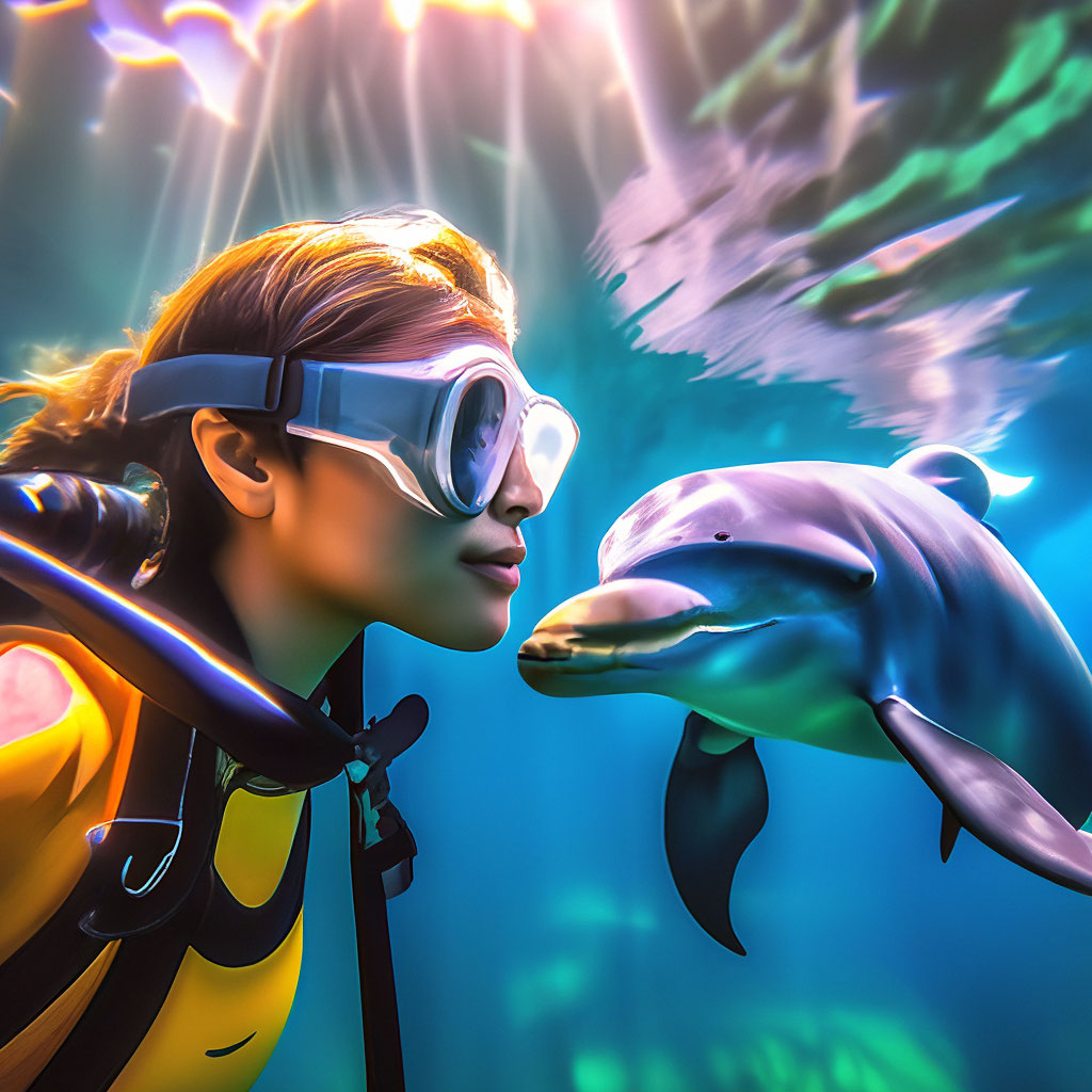 "A girl scuba diving in a wetsuit swims with a dolphin ggi 124K ...