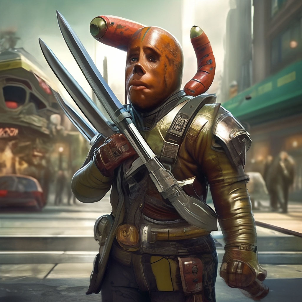 "A sausage man with a weapon Swords and a bandage He is on the street ...