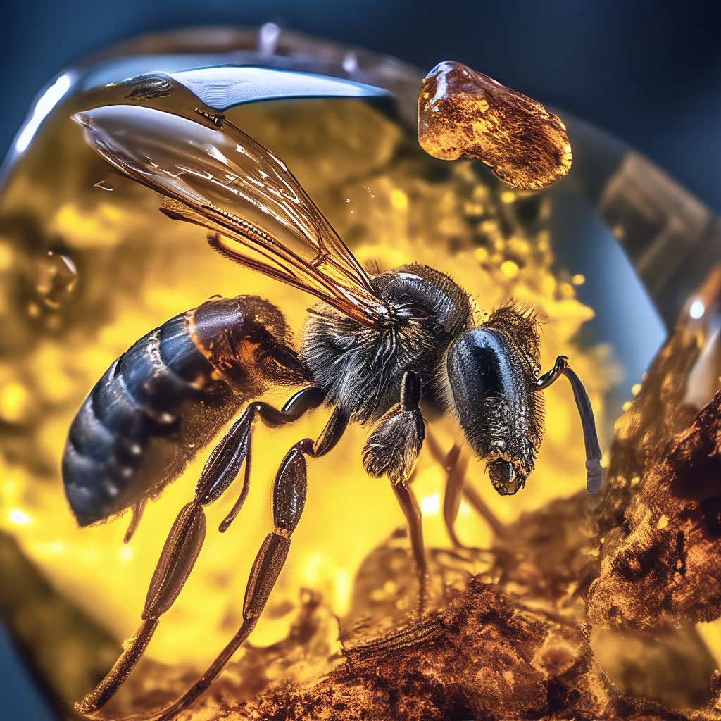 "Bee in amber... atmospheric, naturalistic, detail, realistic, 32k ...
