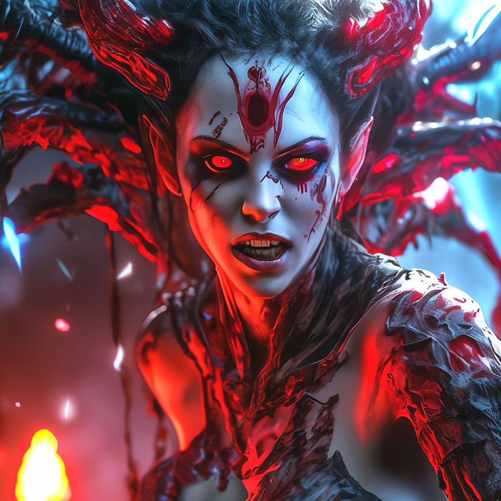 "Megarealism, banshee, red, black, white, neon, anthropomorphic ...
