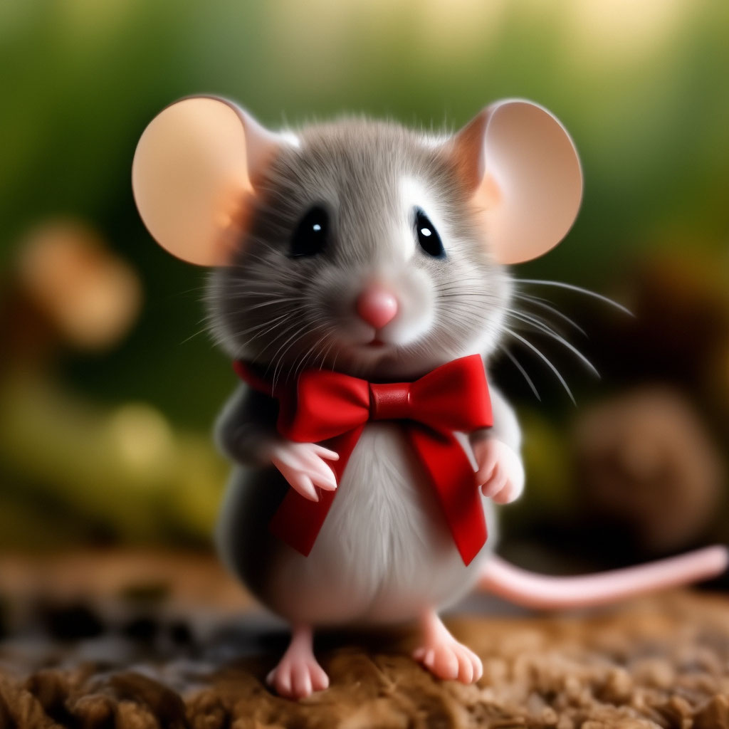 "Anime miniature realistic mouse with a bow" — image created in Shedevrum