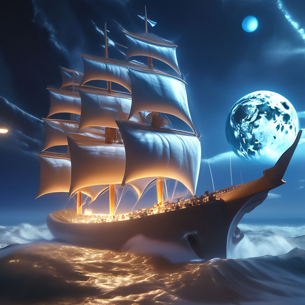 "Ship night,moon,Mars,sea magic , Jupiter,storm, dolphin,surrealism ...