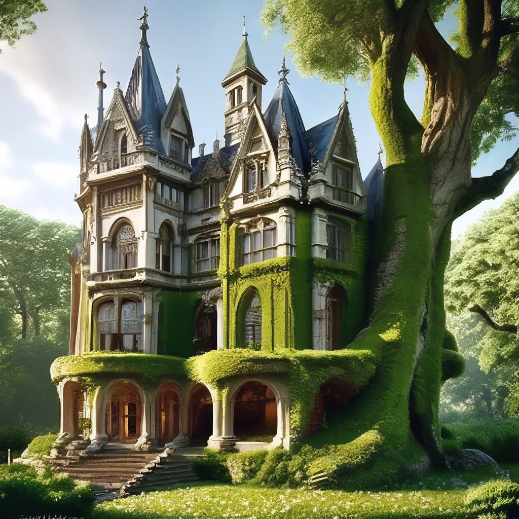"Picturesque mansion in the trunk of a giant tree, carved semicircular ...