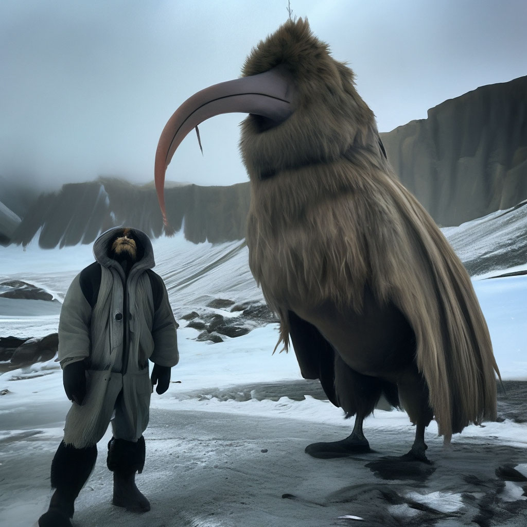 "Meme from 2028 a man in a bird costume 4 meters Antarctica elongated ...