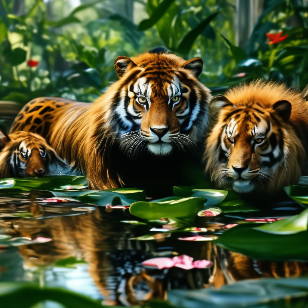 "Animals by a pond in the jungle, hyperrealism, surrealism ...