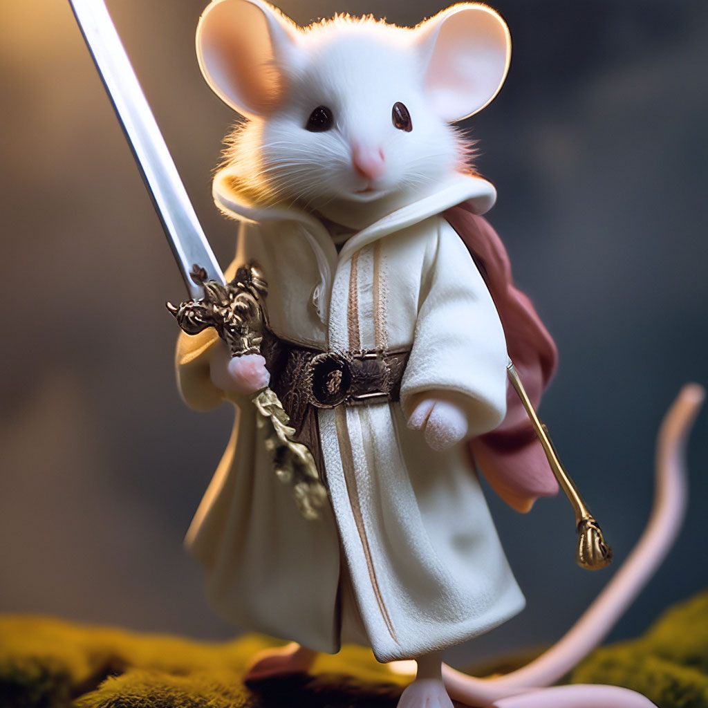 "White little mouse, simple clothes,traveler, sword" — image created in ...