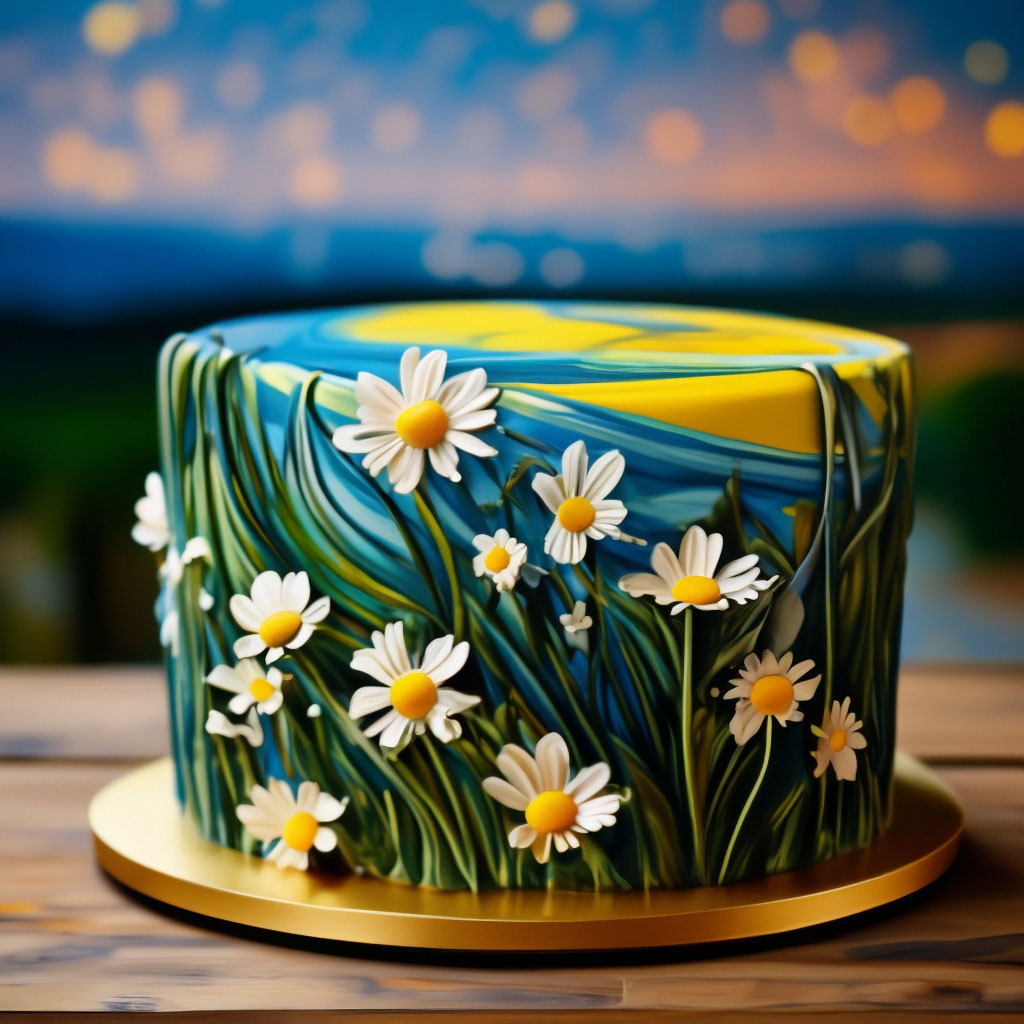 "Psychedelic cake for a man in the style of Van Gogh, chamomile field ...