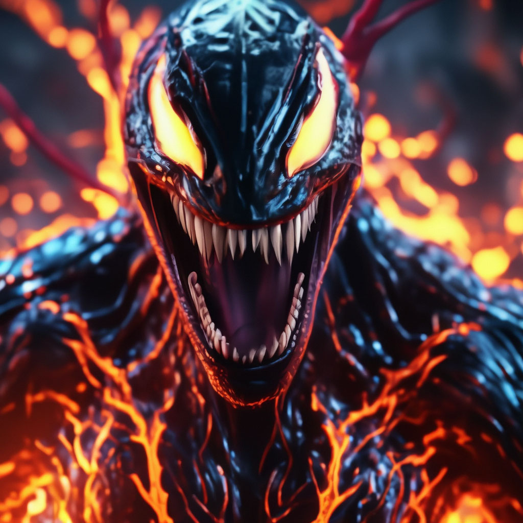 "The demonic Venom stands on fire and smiles maliciously, beautifully ...