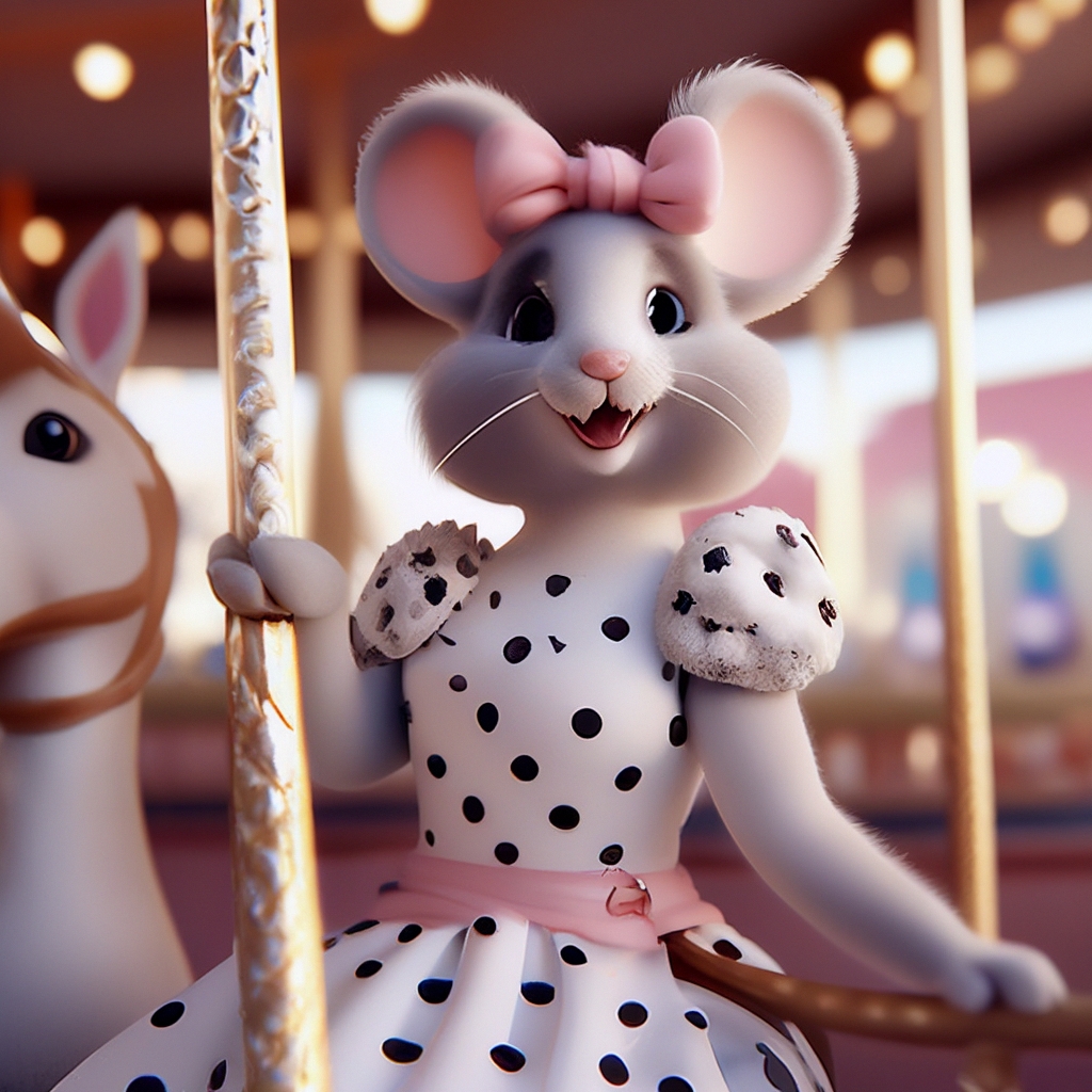 "Fluffy lop-eared mouse, white polka dot dress, sitting riding on a ...