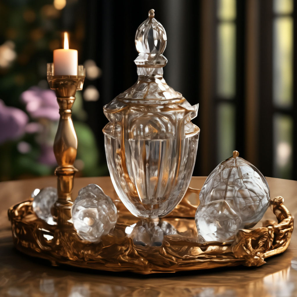 "Crystal still life set, aesthetically pleasing, beautiful, realistic ...