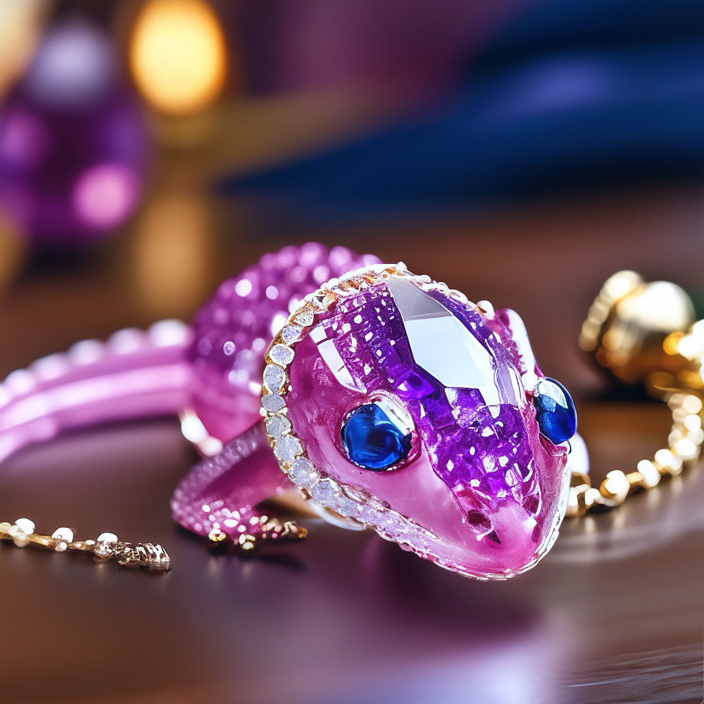 "A very beautiful necklace lies on the table, the pink sapphire axolotl ...