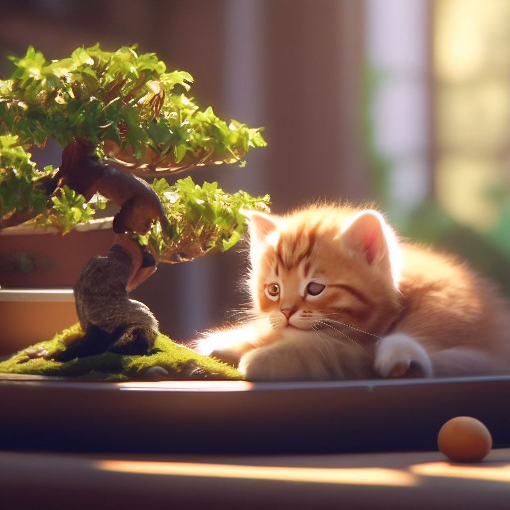 "🌳 bonsai, a cute fat kitten sleeps next to it, soft lighting ...