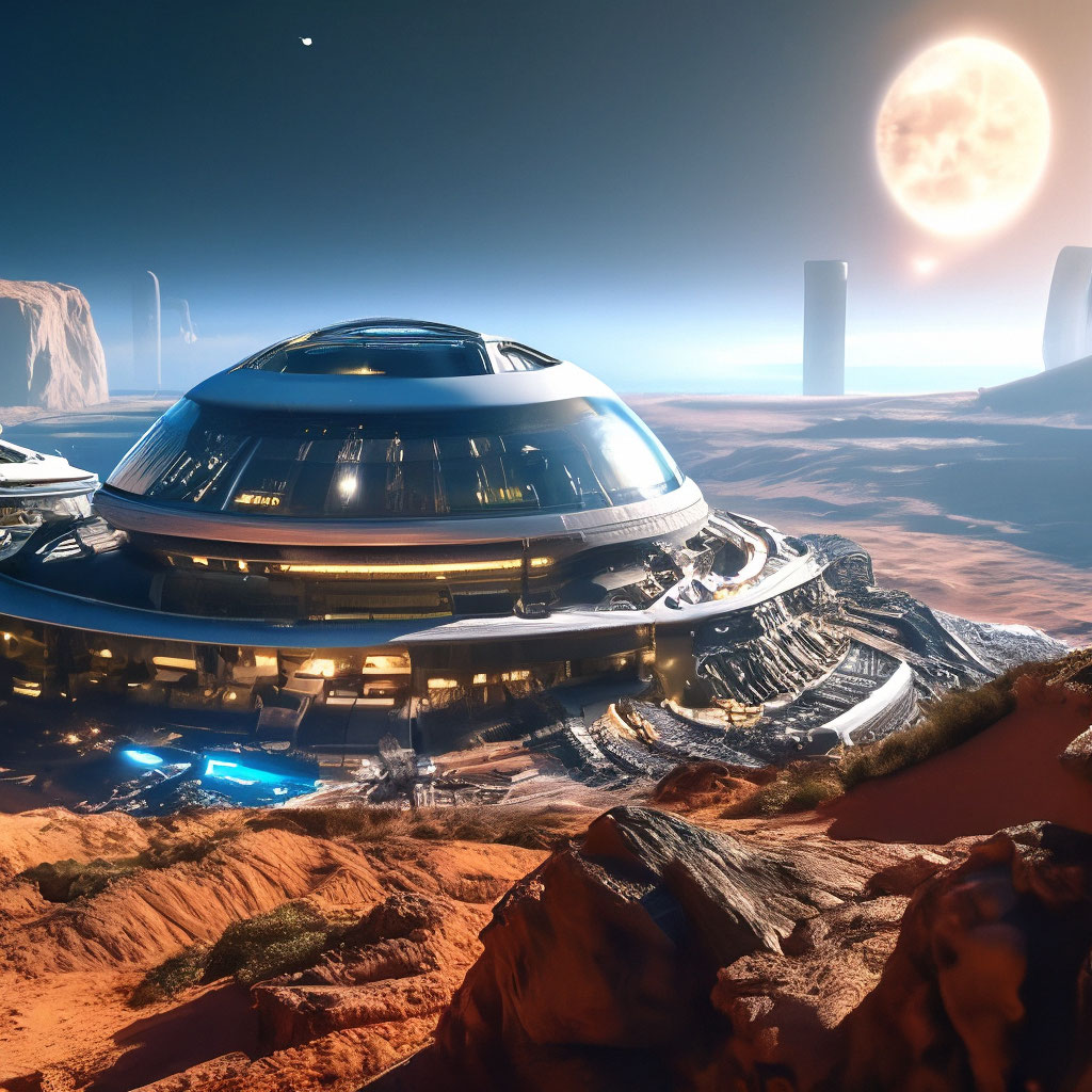 "A human colony on a distant planet in the year 2150, realistic ...