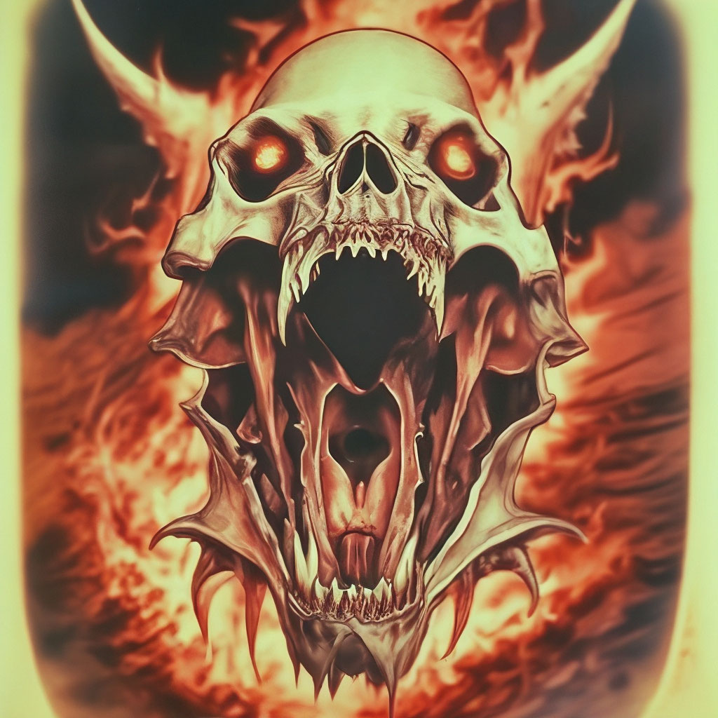 "Epic, fangs, burning eye sockets, fiery, demonic, dragon, vampire ...