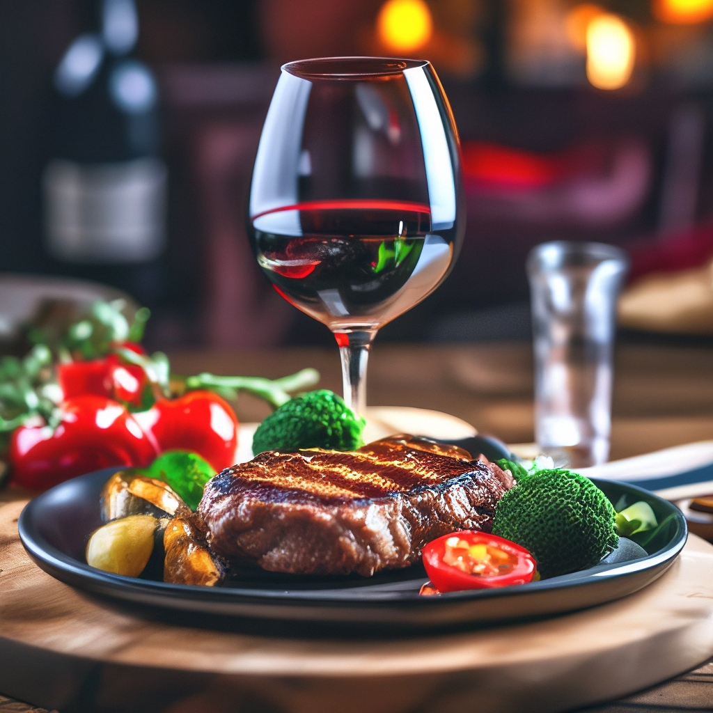 "Glass of red wine, deep-fried meat steak with vegetables, beautiful ...