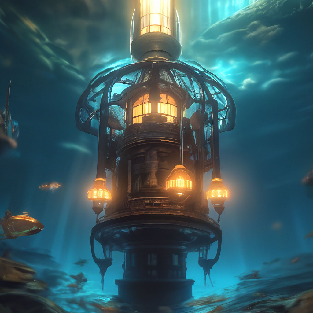 "Sea depths, dark water column, lantern beam, steampunk style" — image ...