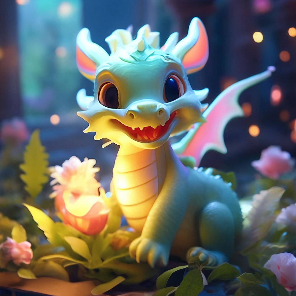 "Cute little dragon, light from the mouth funny, art, botanikal art ...