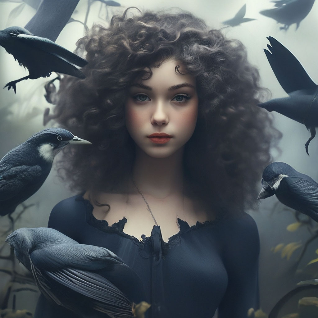 "A girl with beautiful curly hair and different birds in them" — image ...