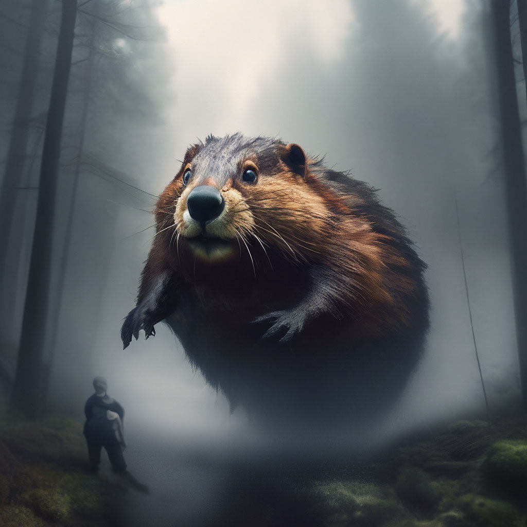"Oversized beaver flies over forests" — image created in Shedevrum