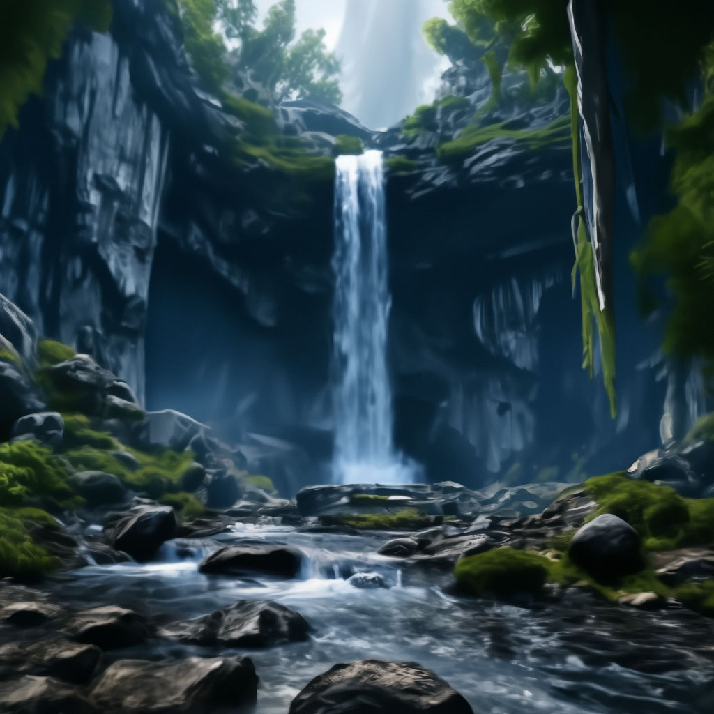 "Mystical waterfall,Forest, cave,Horror, 4k, realistic, high detail ...