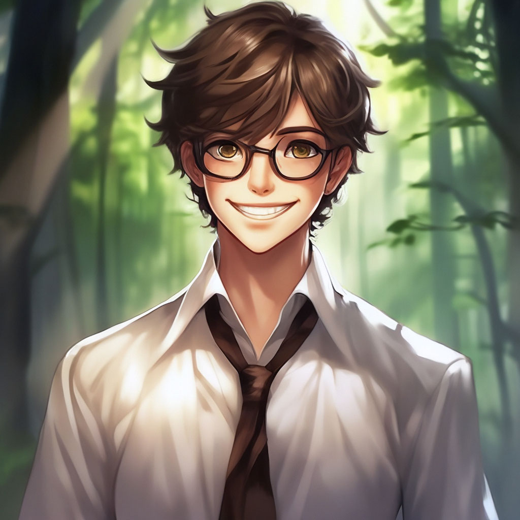 Anime Guy Brown Hair Glasses Brown Eyes Wide Smile White Shirt