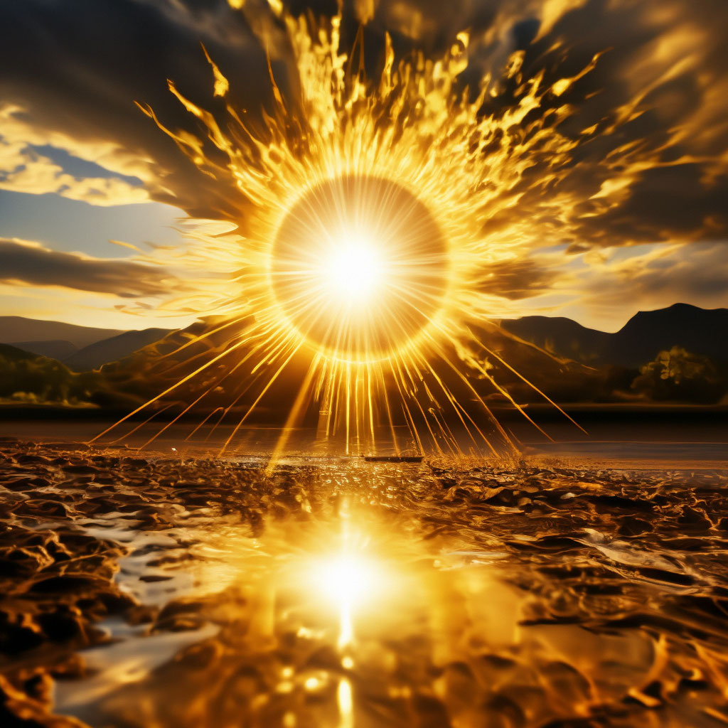 " ️ there is a huge sun in the sky, dripping gold effect, flowing down ...