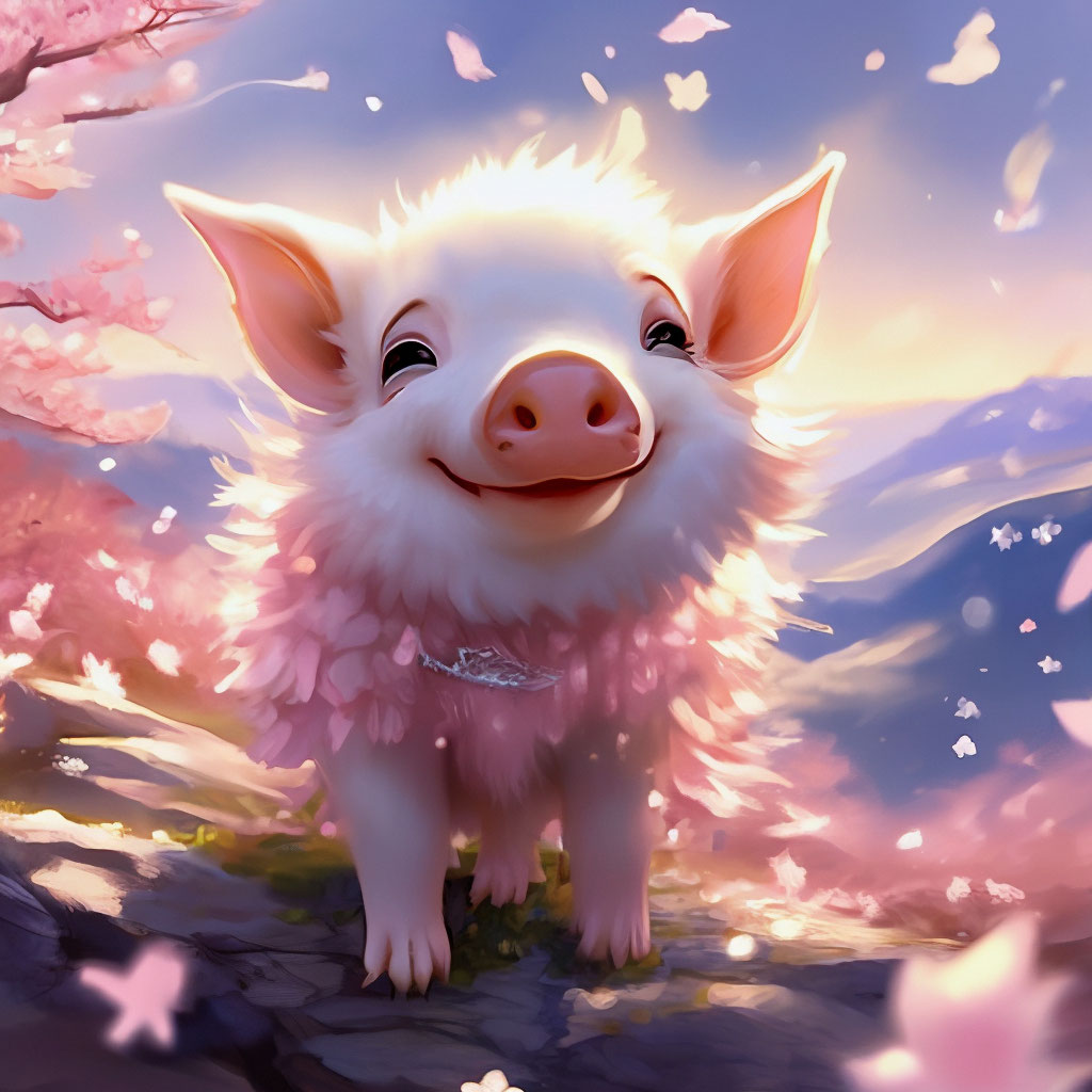 "Watercolor, drawing, haze, photorealism, fluffy beautiful little pig ...