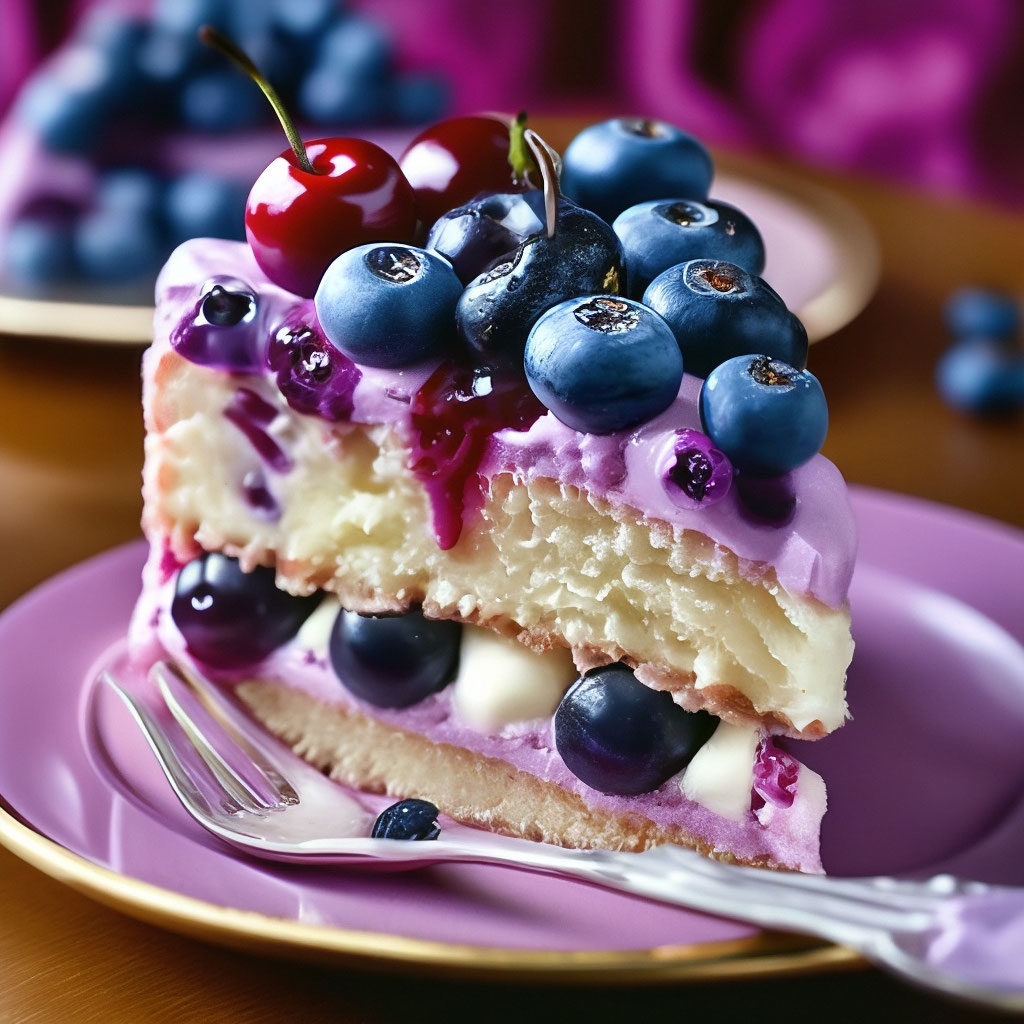 "Blueberry cake with blueberries, cherries with a triple layer of cream ...