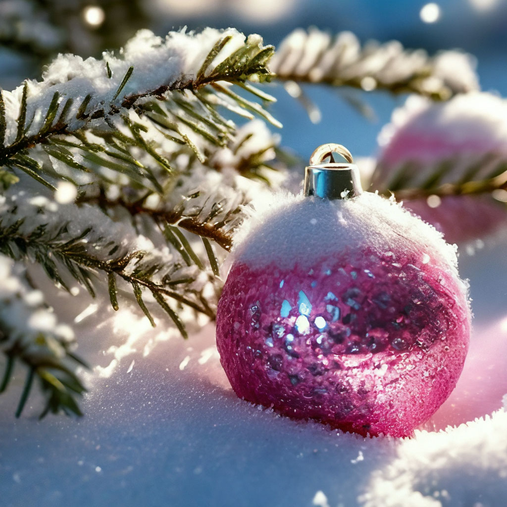 "Close-up of fir twigs with Christmas balls in the snow, the play of ...