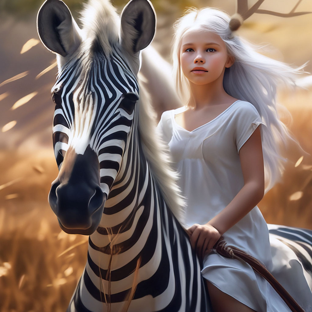 "Savannah, a girl with white hair rides a zebra, hyper-detailed ...