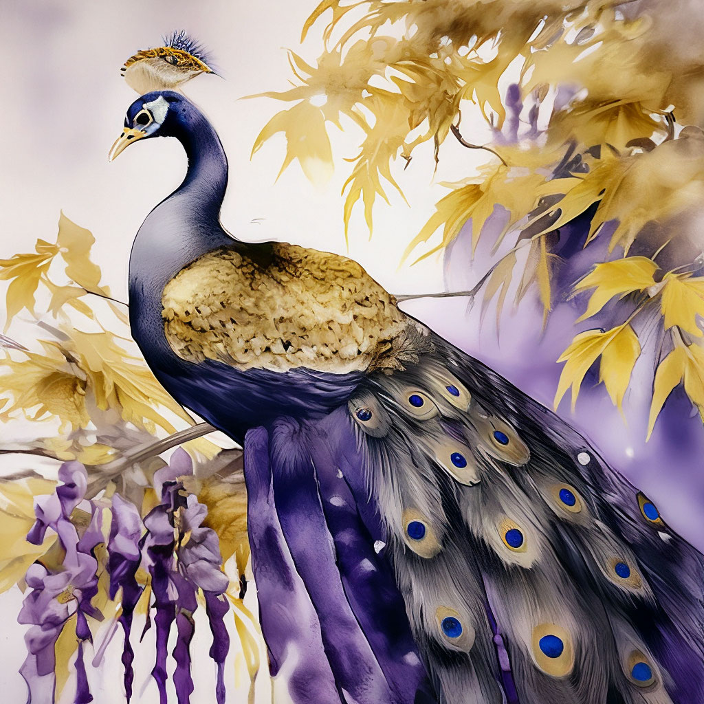 "Peacock-mavlin3 delicate watercolor on wet+ink, Japanese art Taupe ...