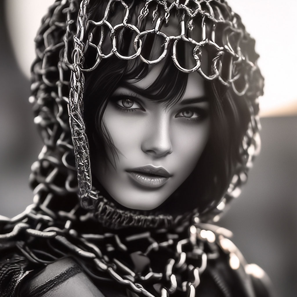 "A girl in a chain mail metal balaclava,very short pixie-square haircut ...
