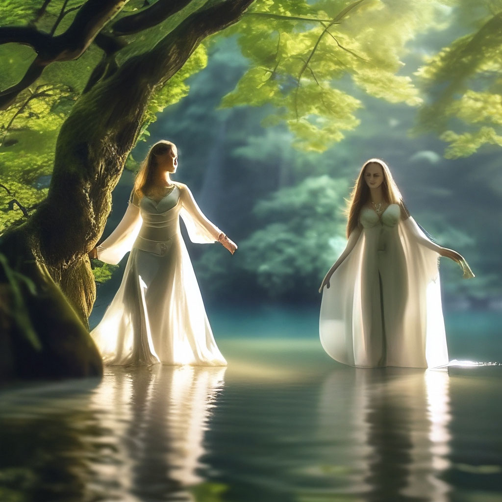 "Beautiful forest nymphs in transparent robes under the tree of life ...