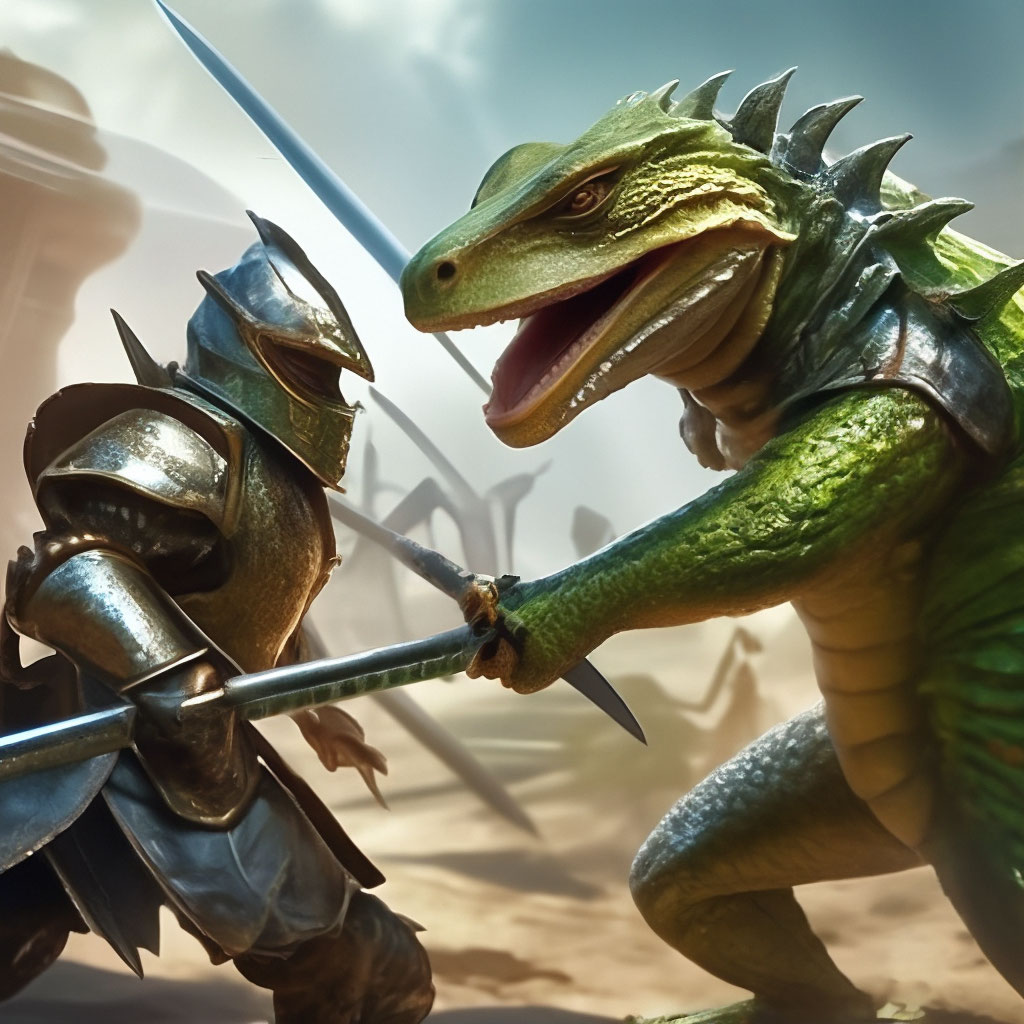 "A lizard in armor and with a sword fights with a Russian who has a ...