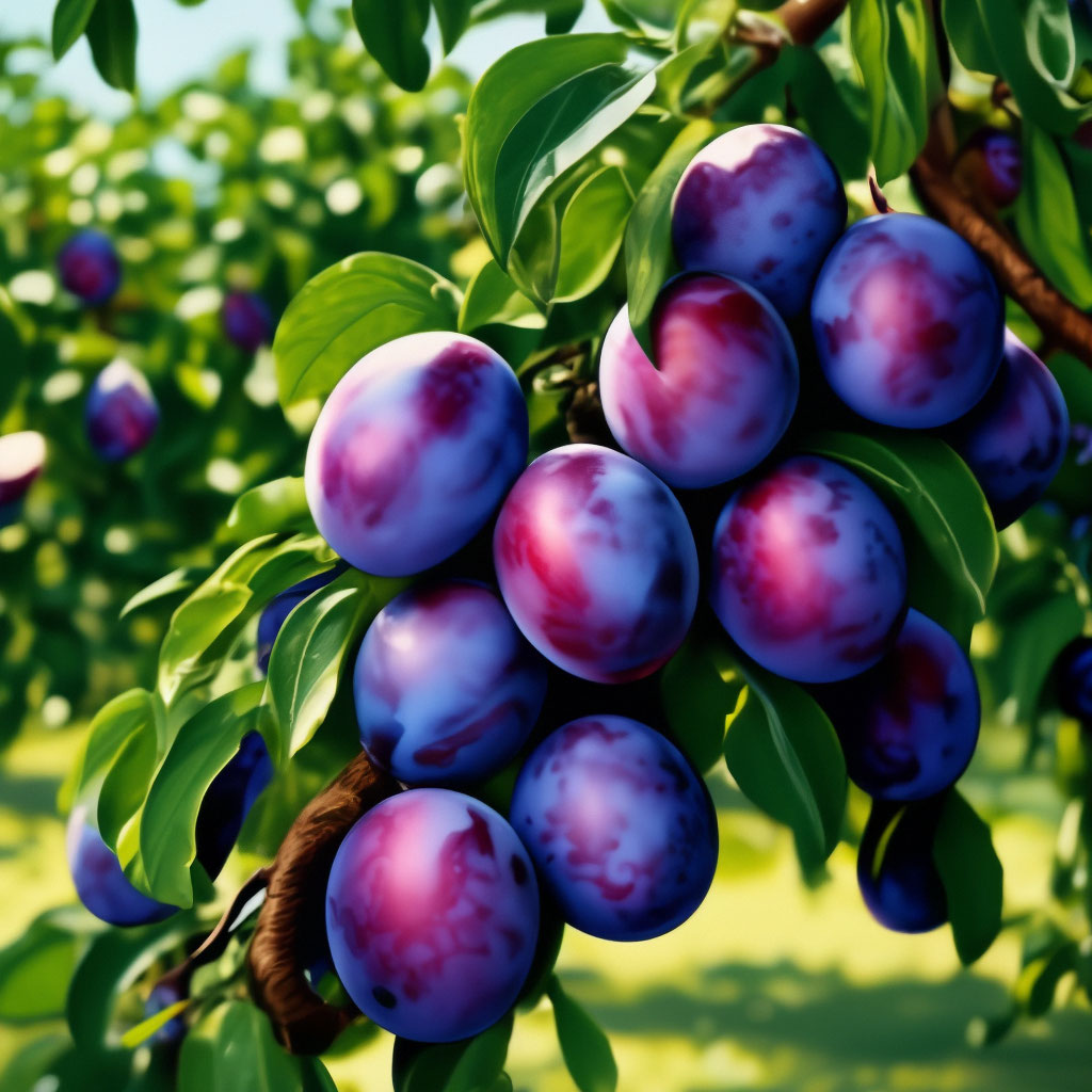 "Realistic, vector graphics,plum orchard, ripe plums on the trees ...