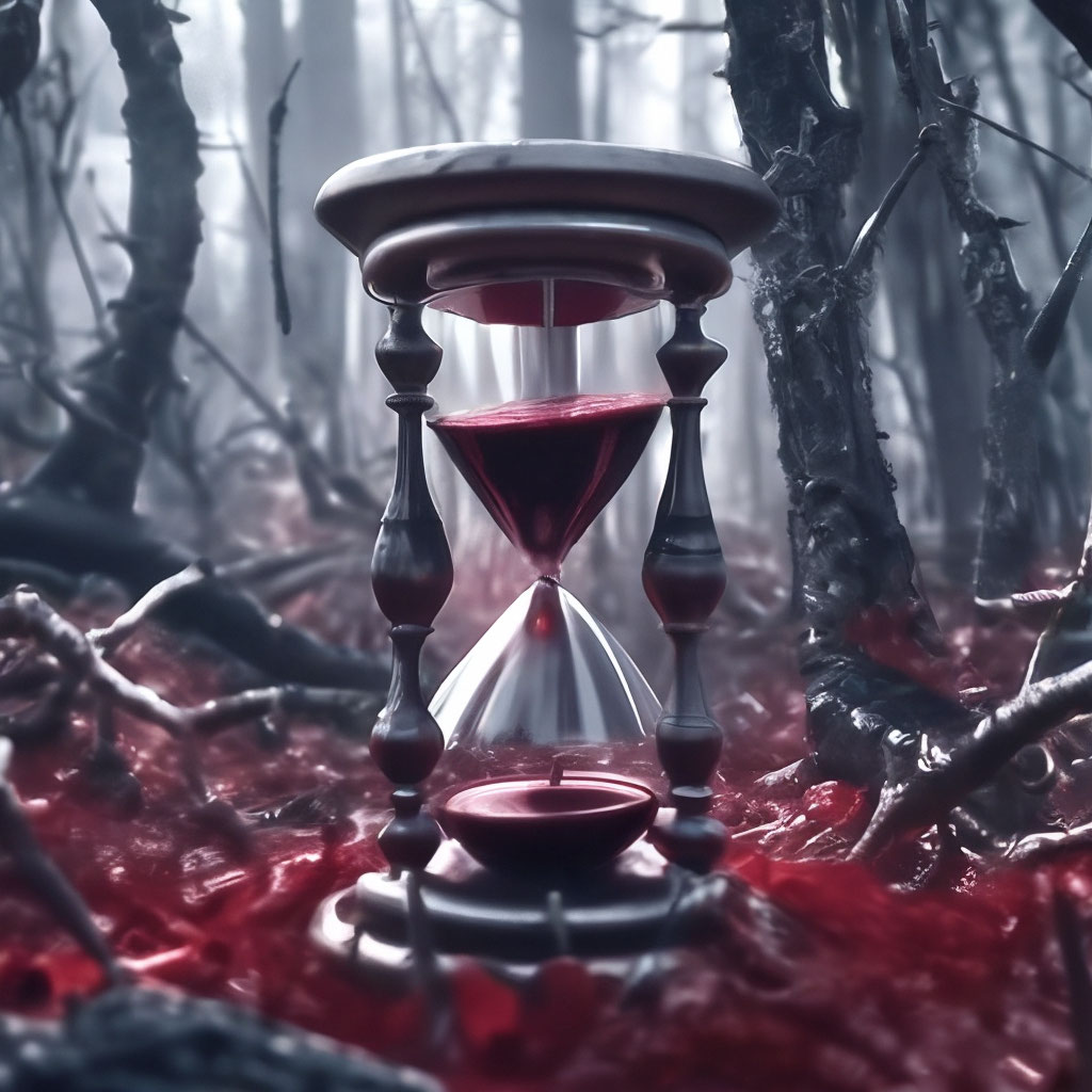 "Black hourglass, burgundy liquid inside, around a dark dried lifeless ...
