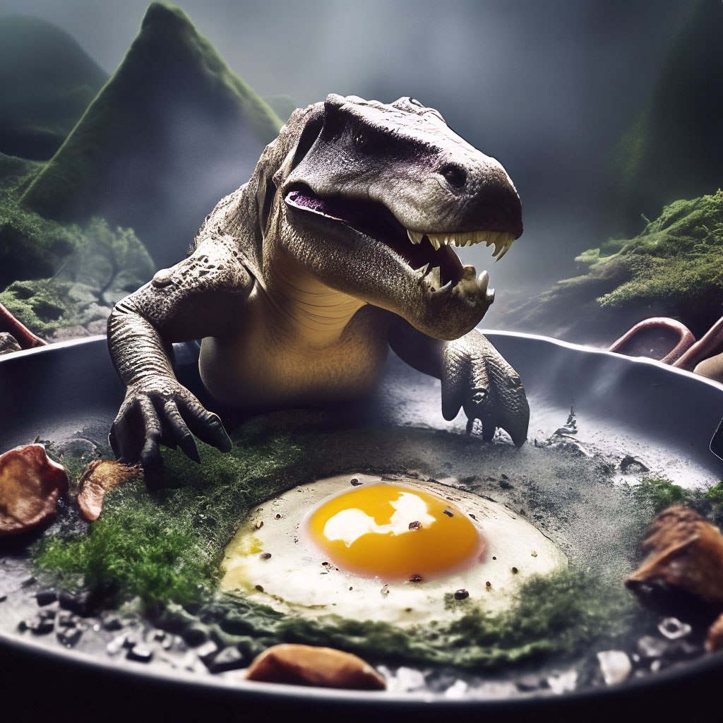 "Dinosaur frying scrambled eggs" — image created in Shedevrum