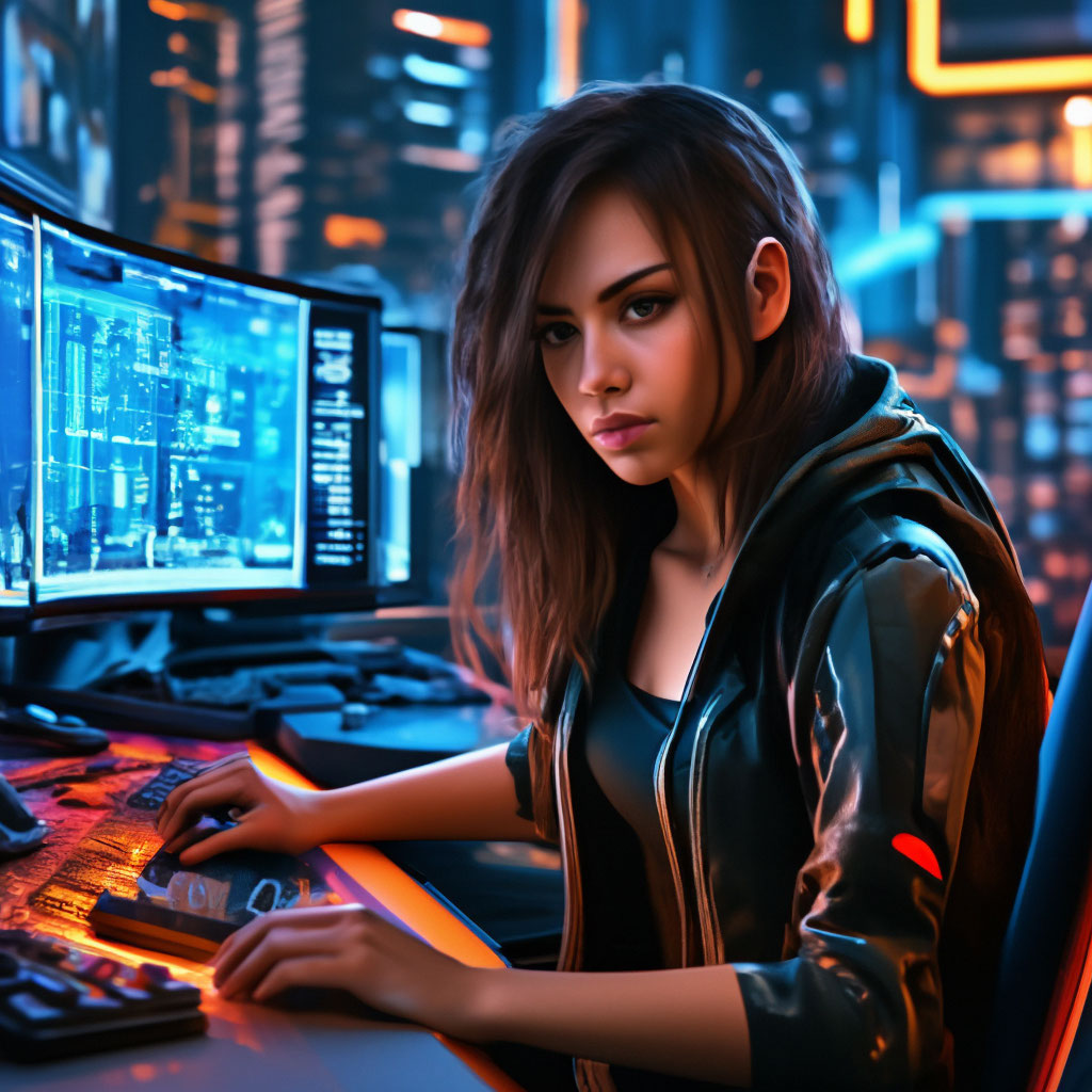 "A cool cyberpunk, a girl, sits at a hacker's workplace, a hacker's ...