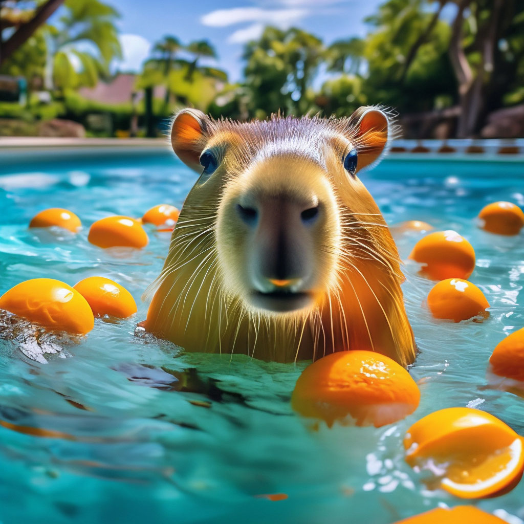 "Capybara swims in the pool with oranges and looks at you" — image ...