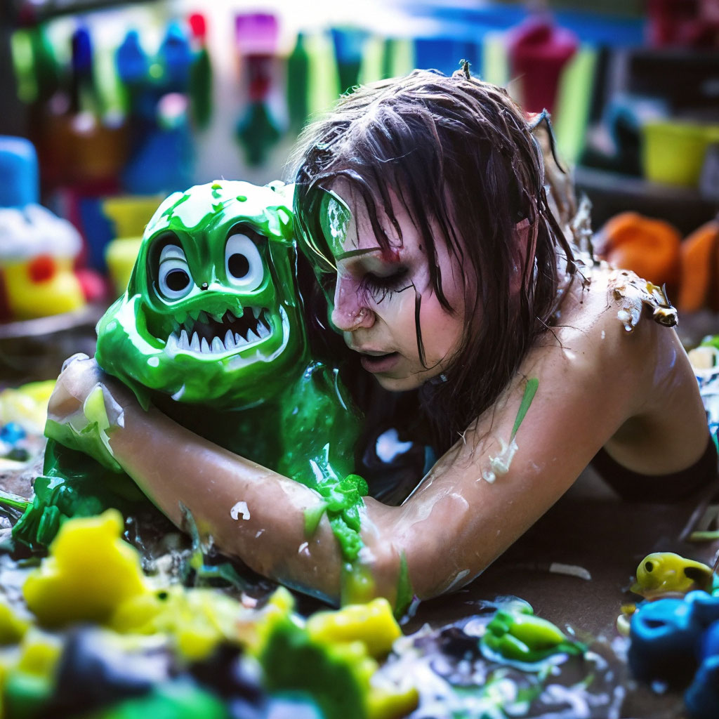 "Sick woman hug wet monster, plasticine make up on face, splash of ...