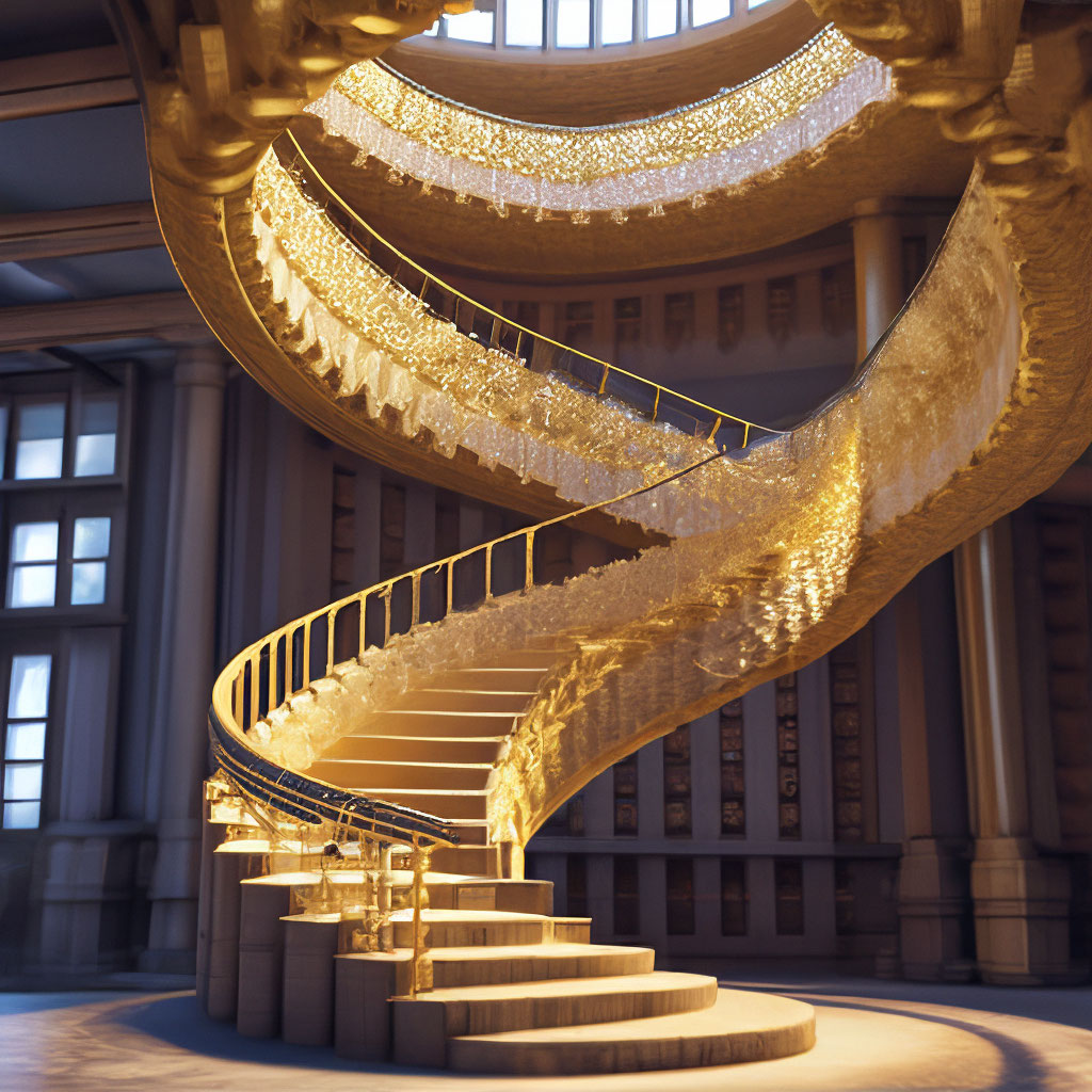 "The spiral staircase with golden railings is high" — image created in ...