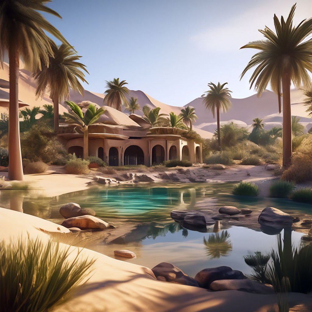 "Nature: a beautiful oasis with palm trees and a pond in the great ...