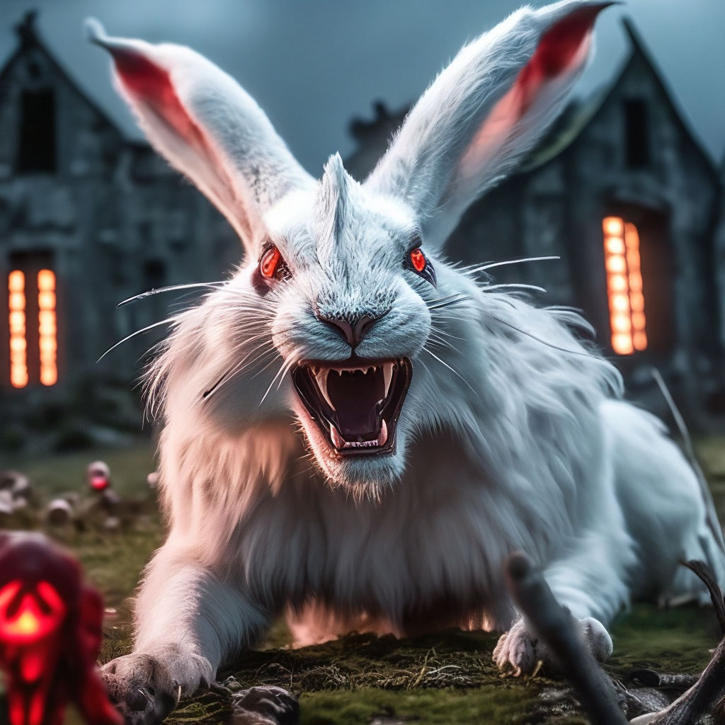 "Anthropomorphic vampire hare white among small beetles. Hard grin ...