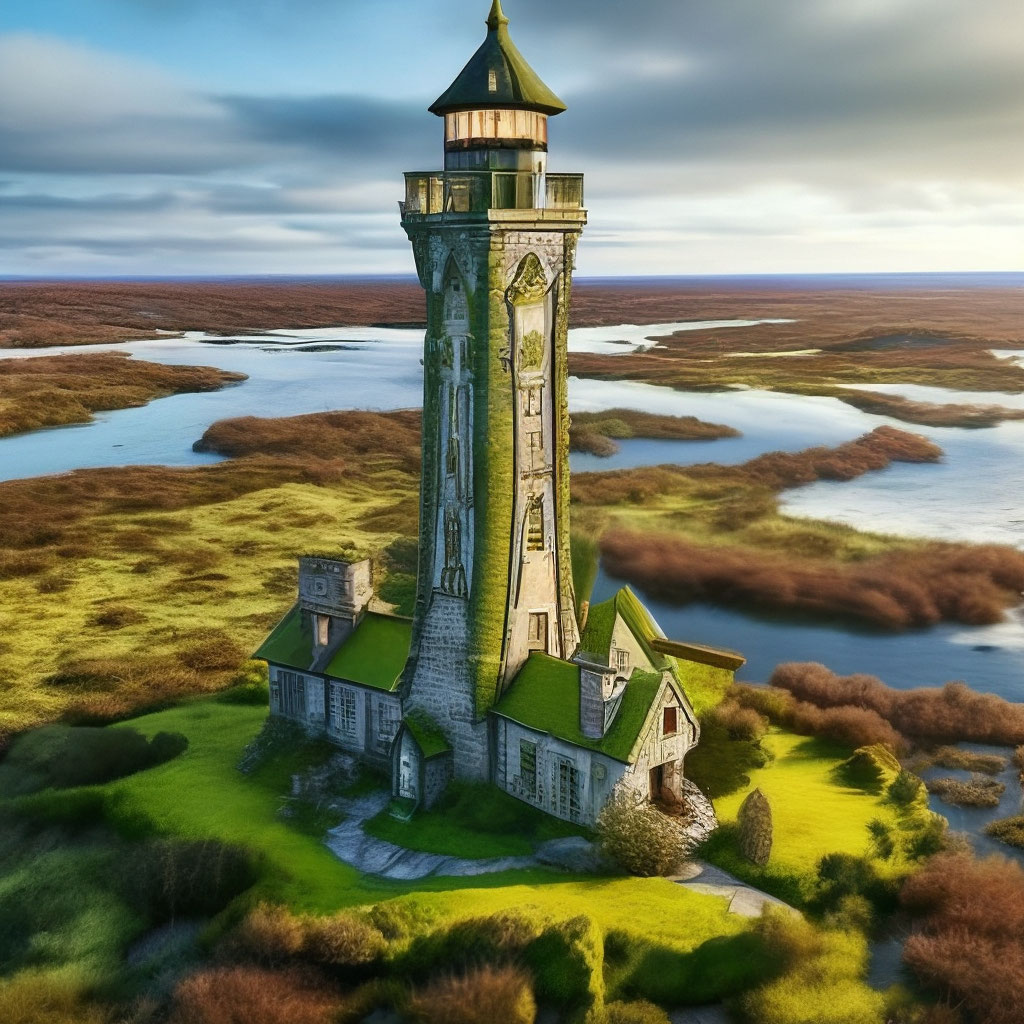 "An old working wooden lighthouse in Gothic style, carved platbands ...