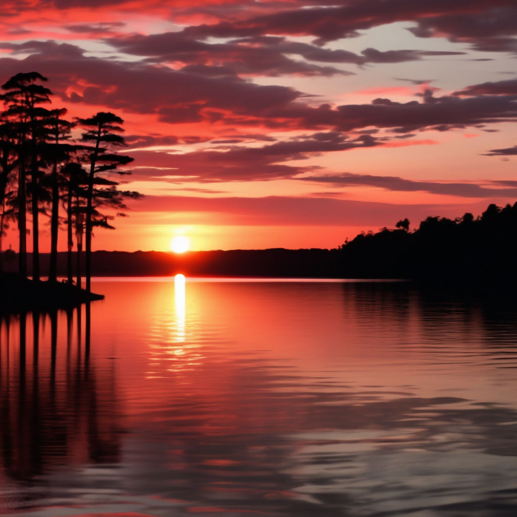 "Lake, red water, red sunset, black outlines of trees on the shore ...