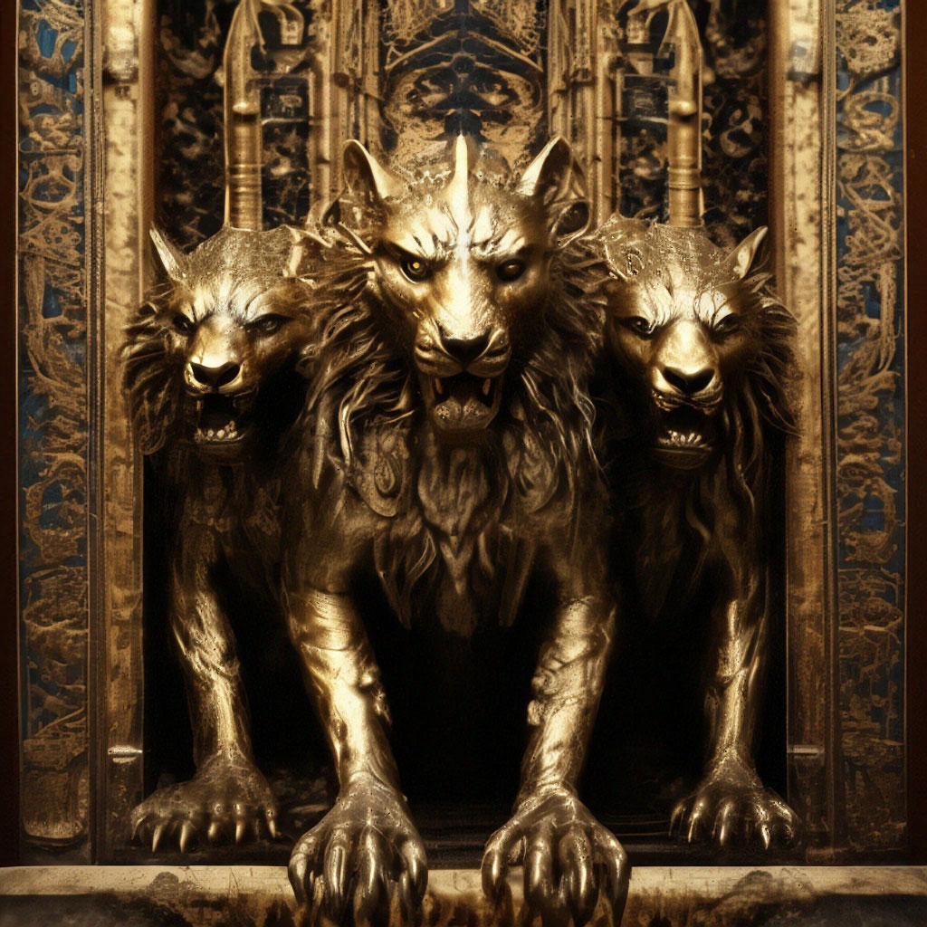 "A three-headed wolf guards the giant golden door" — image created in ...