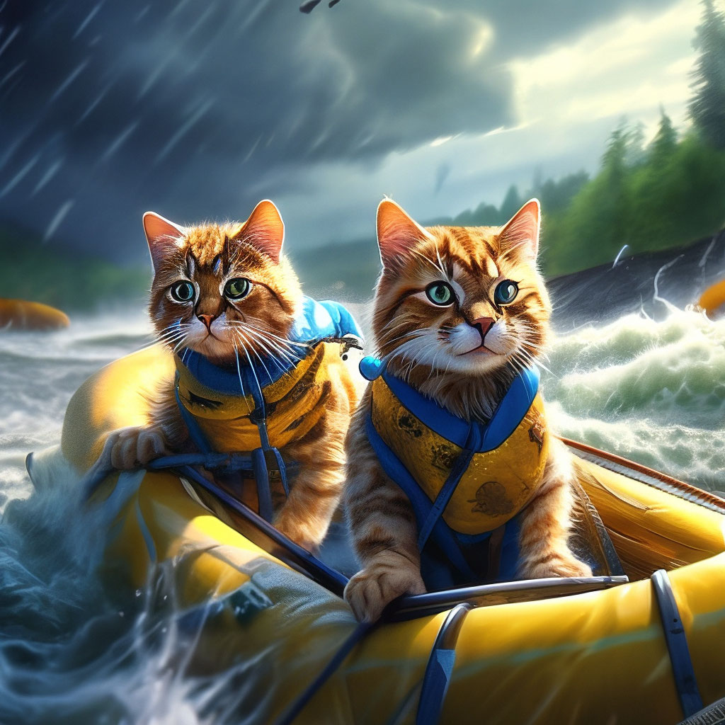"Two cats are engaged in rafting,a stormy river , beautiful, realistic ...