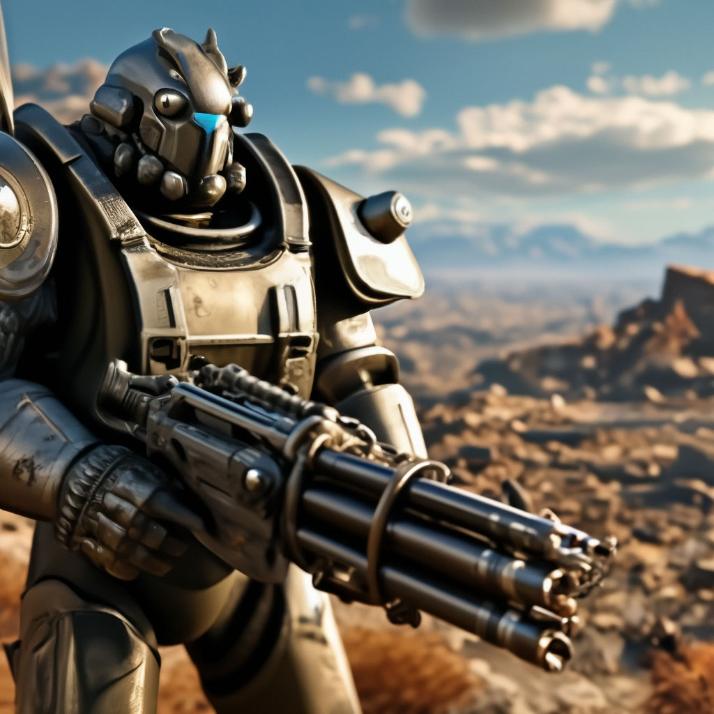 "Marcus from Fallout 2, motorized armor mk2, in the hands of a minigun ...